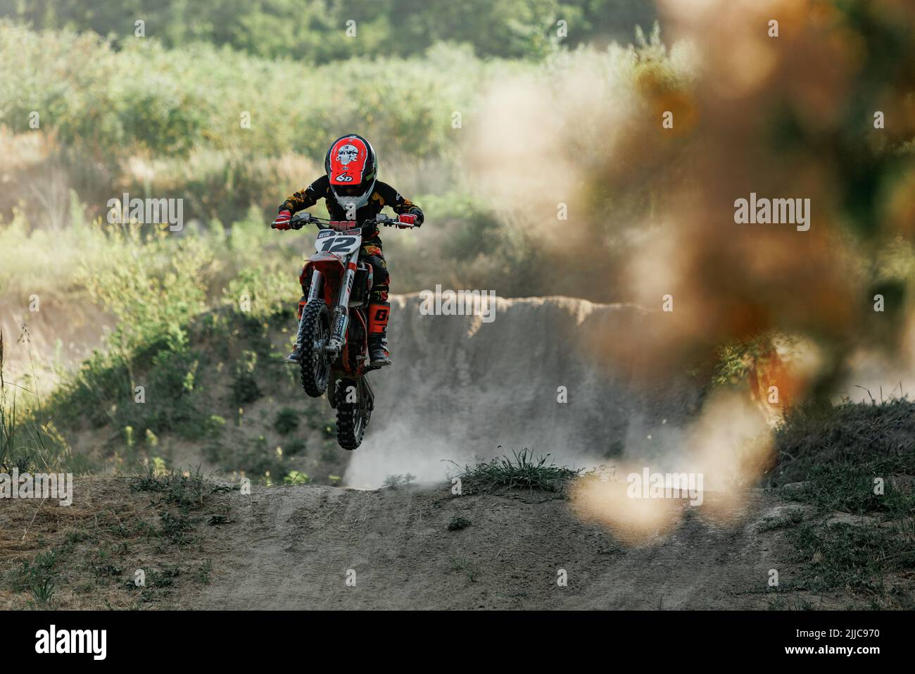 Dnipro, Ukraine JULY 01, 2022. Ukrainian beginner motorcycle rider ...