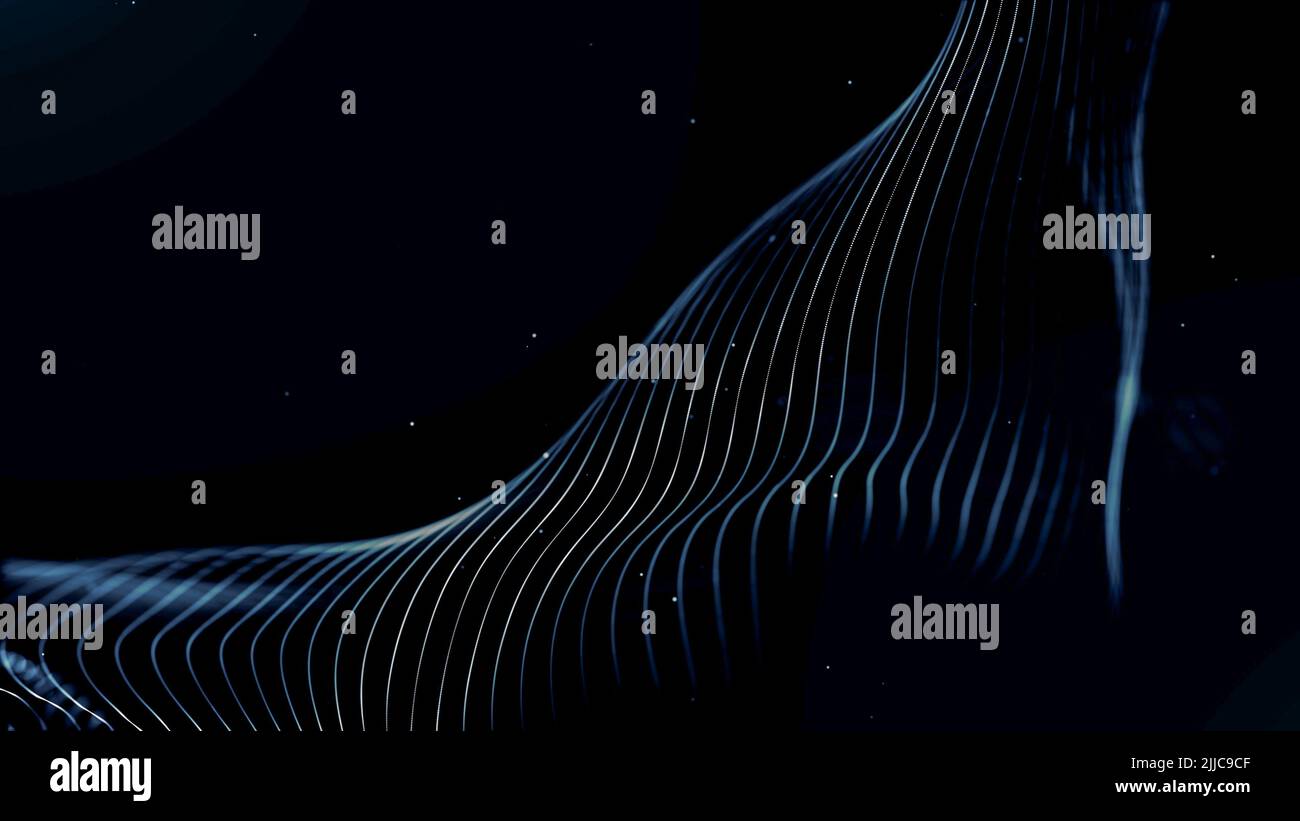 Dynamic techno glowing white wavy lines on black background in slow ...