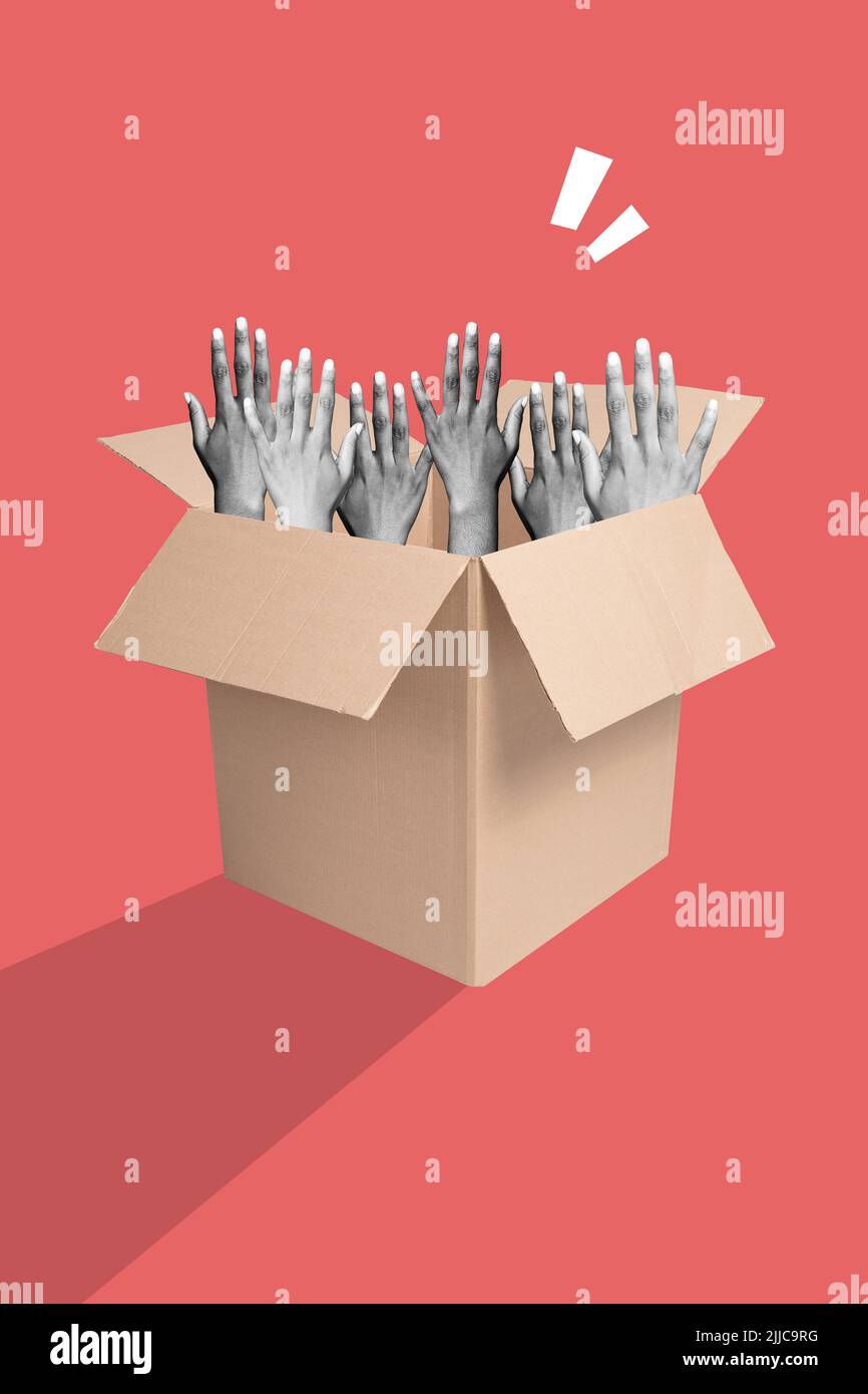 Vertical collage picture of human hands black white gamma stick carton ...