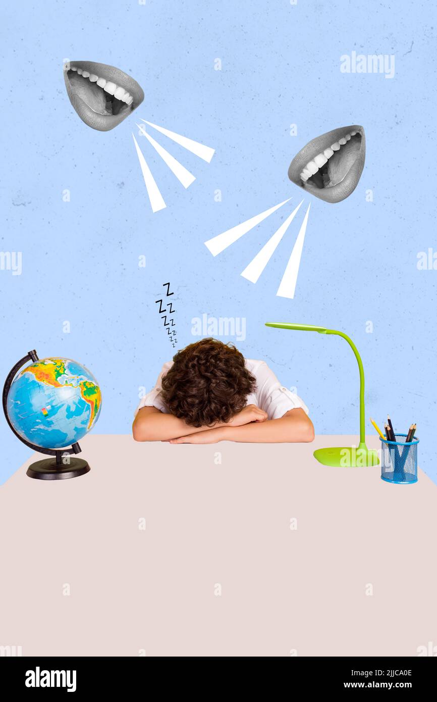 Vertical creative collage of tired sleepy boy desktop two black white ...