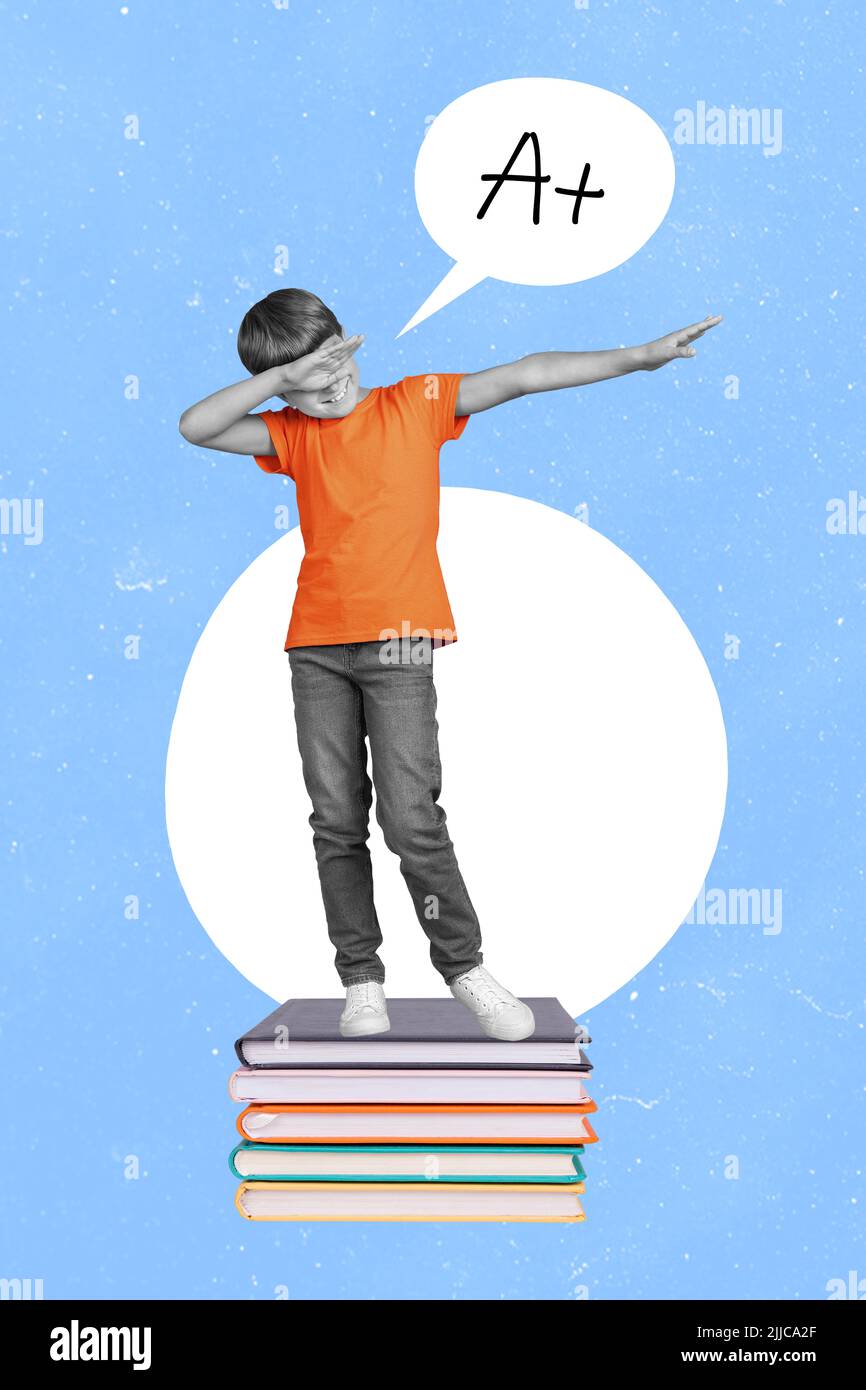 Vertical collage picture of happy boy white black gamma stand pile book ...