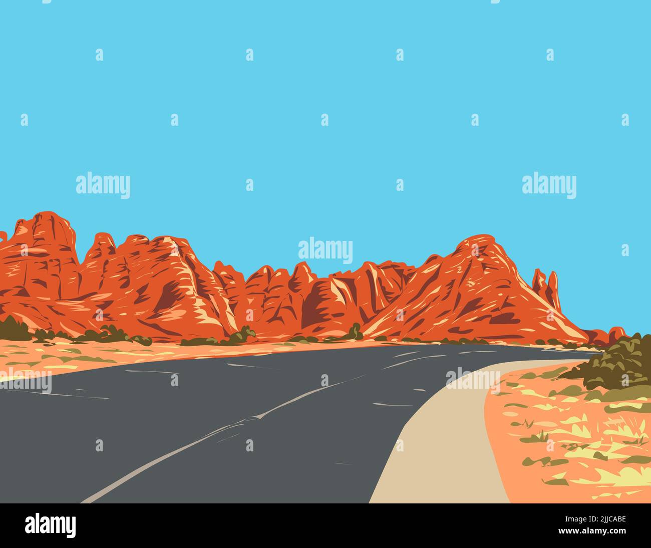 WPA poster art of Devils Garden Trail with rock fins and arches in ...