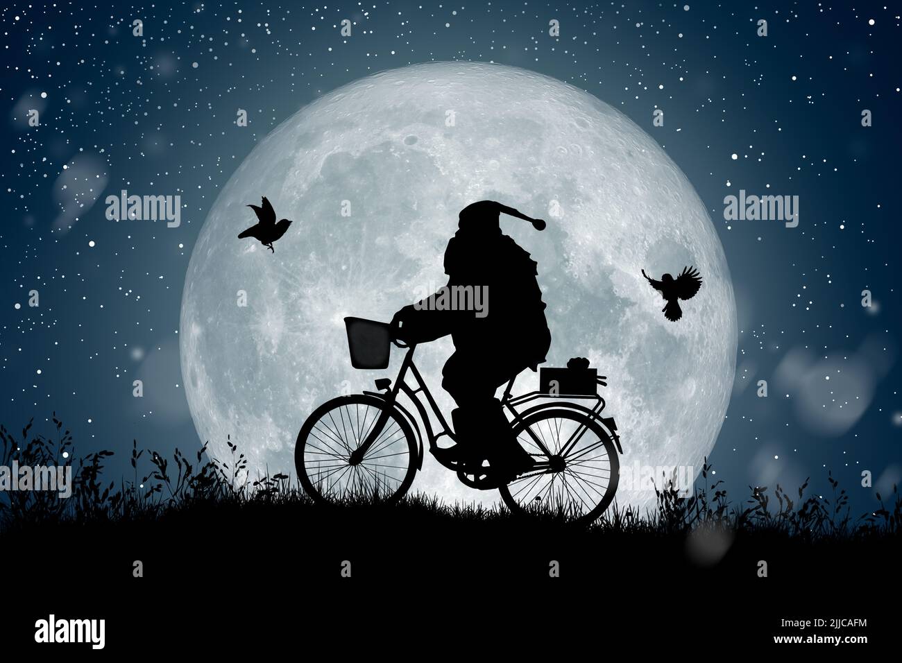 Silhouette of Santa Claus riding on his bicycle to carry a gift under ...