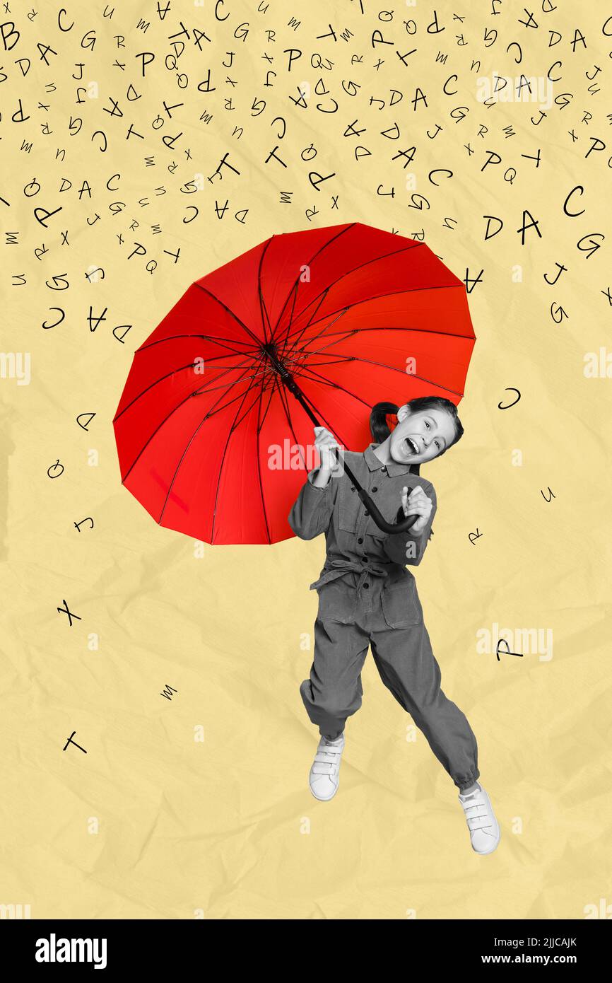 Vertical collage image of overjoyed amazed girl black white colors hold ...