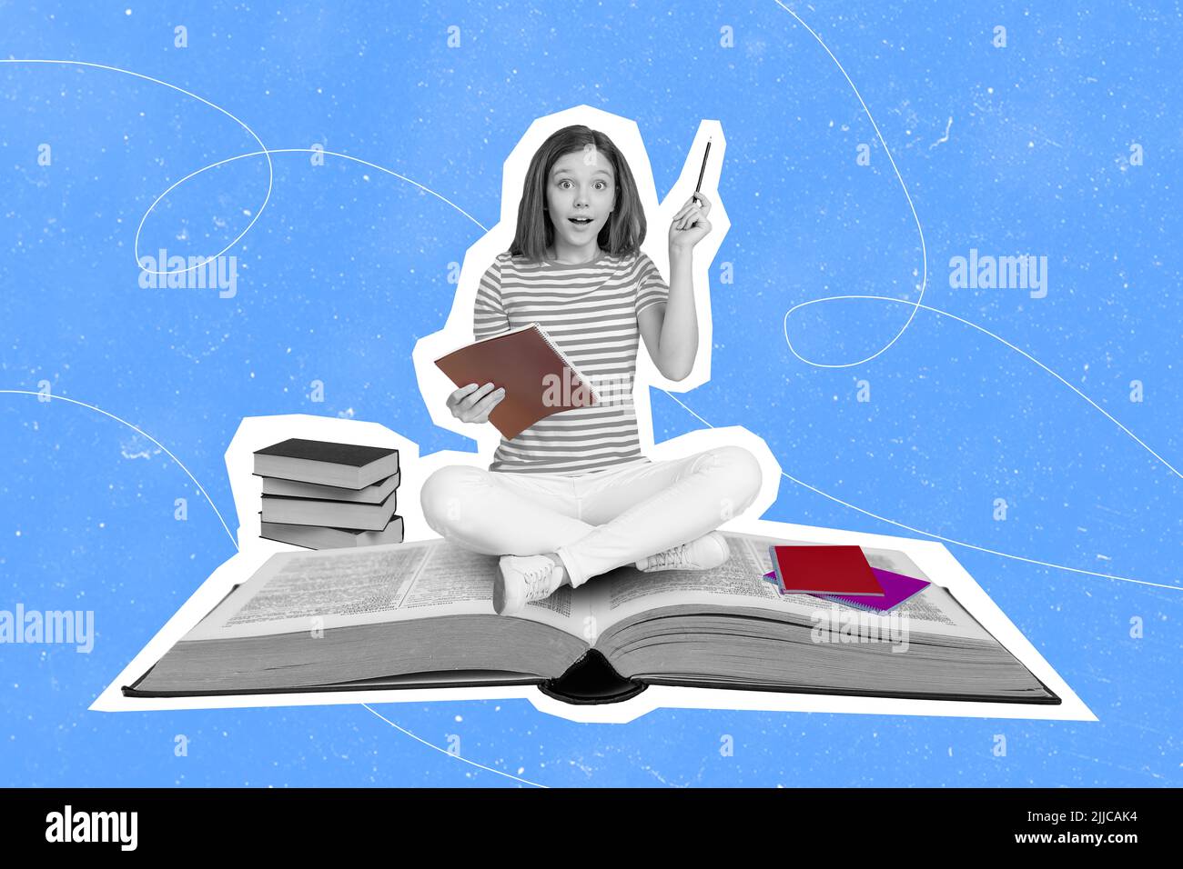 Composite collage illustration of funny kid girl black white colors sit ...