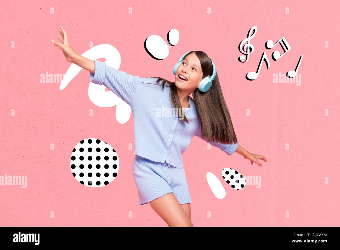 Creative collage image of cheerful carefree girl enjoy listen new ...