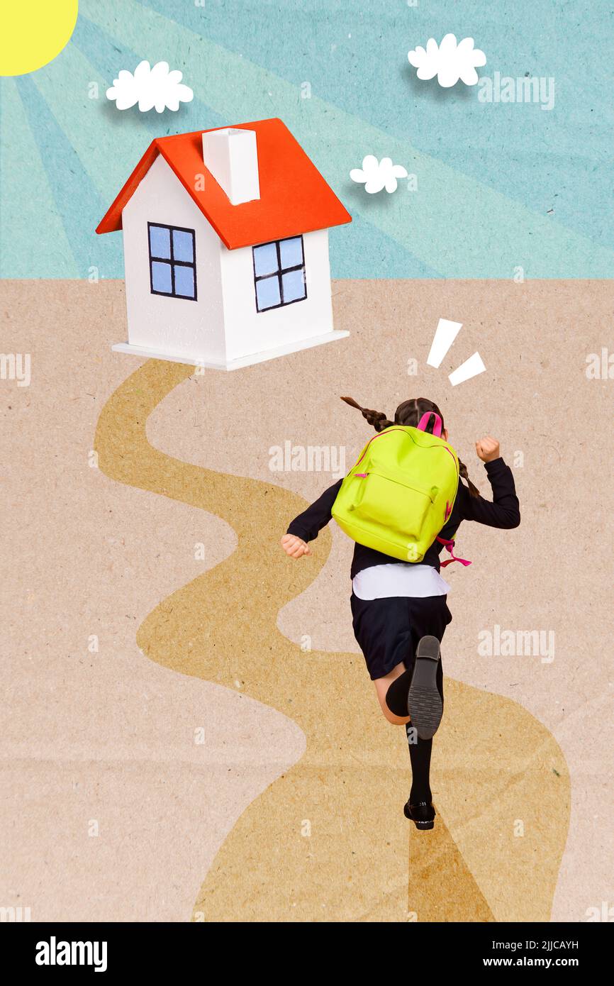 Vertical creative collage illustration of kid running rush fast little ...