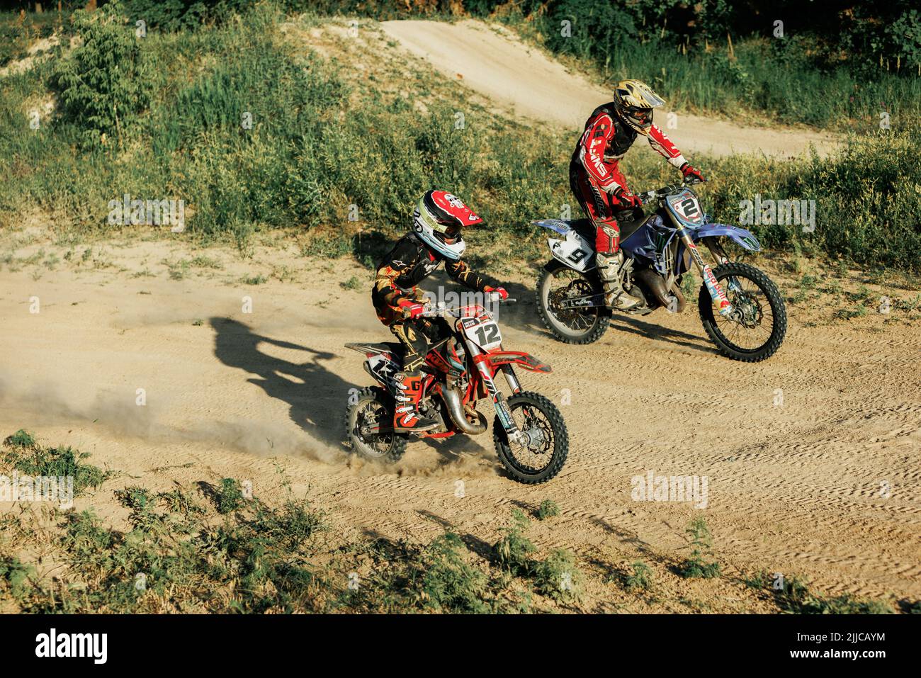 Dnipro, Ukraine JULY 01, 2022. Ukrainian beginner motorcycle rider ...