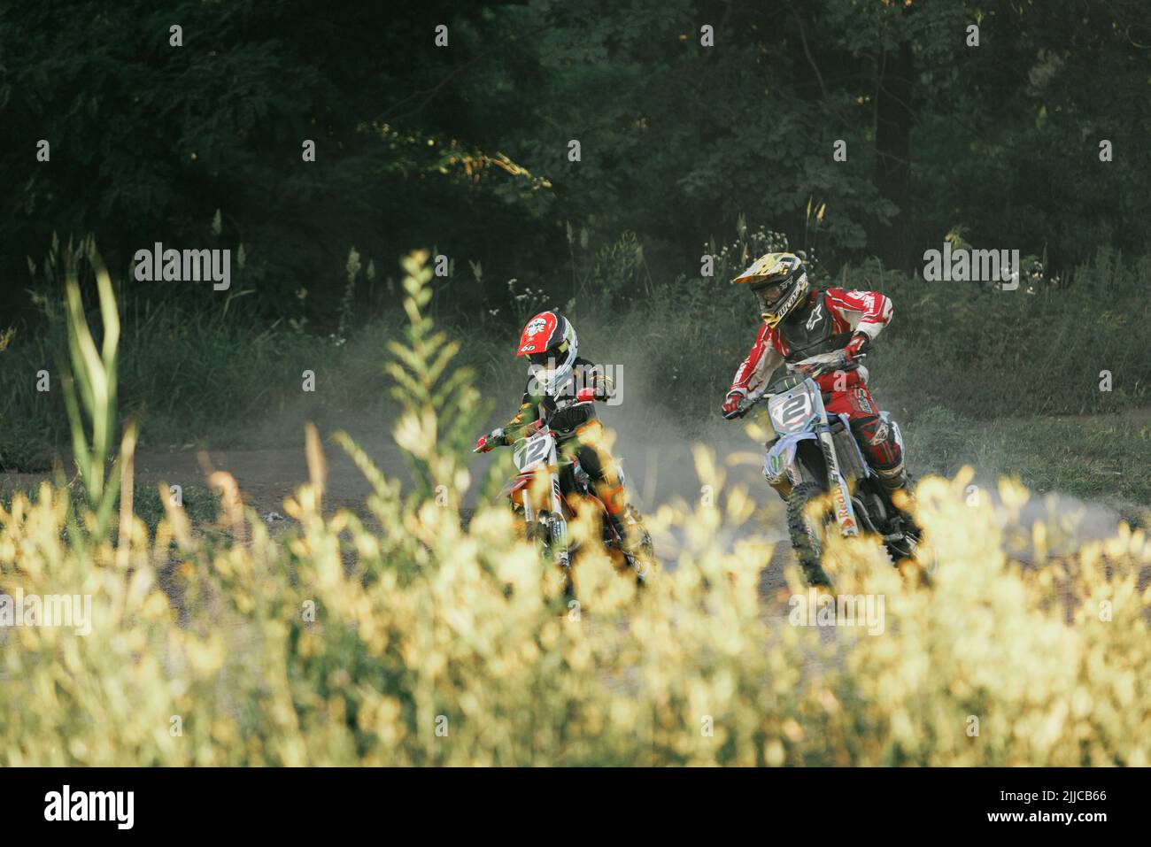 Dnipro, Ukraine JULY 01, 2022. Ukrainian beginner motorcycle rider ...