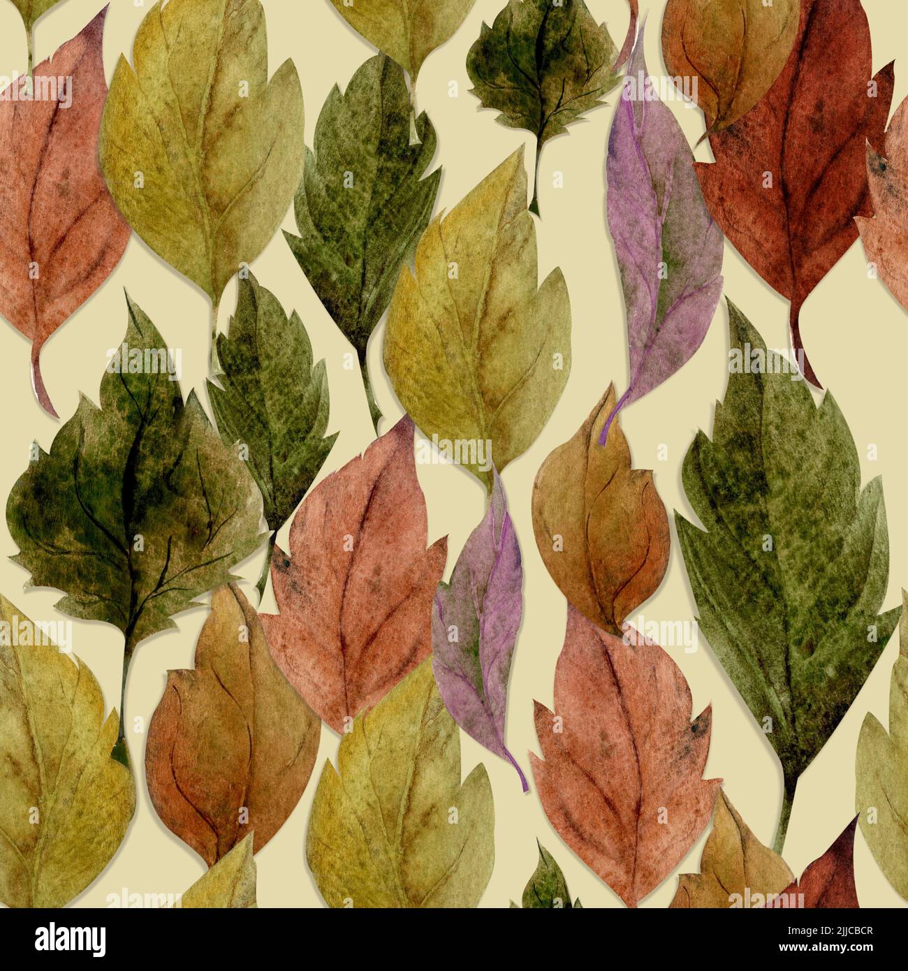 Watercolor hand drawn seamless pattern with autumn branches and leaves ...