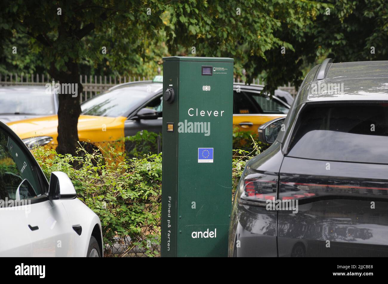 Copenhagen /Denmark/25 July 2022/Many electric autos at recharge point ...