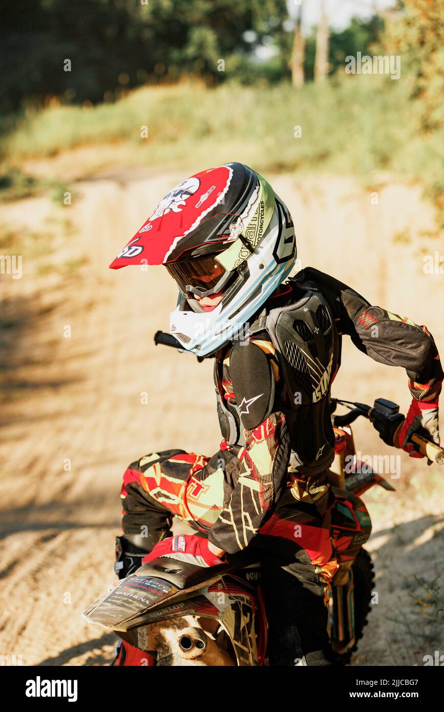 Dnipro, Ukraine JULY 01, 2022. Ukrainian beginner motorcycle rider ...