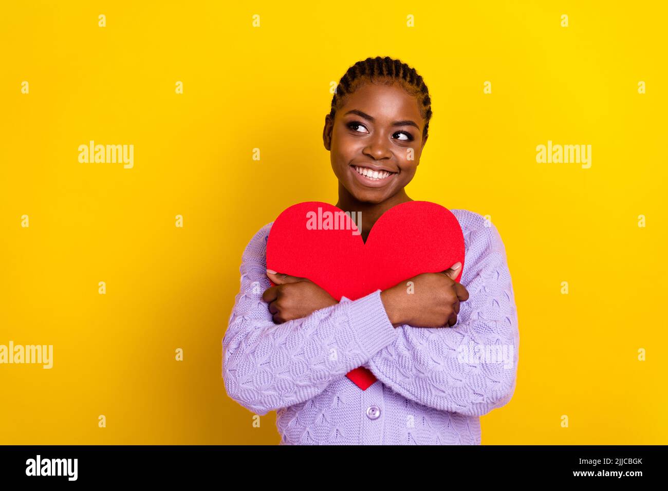 Photo of lovely cute girl hands hold cuddle red paper heart look empty ...