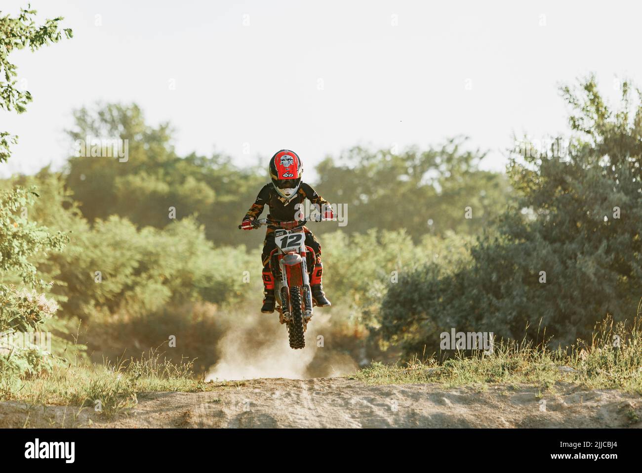 Dnipro, Ukraine JULY 01, 2022. Ukrainian beginner motorcycle rider ...