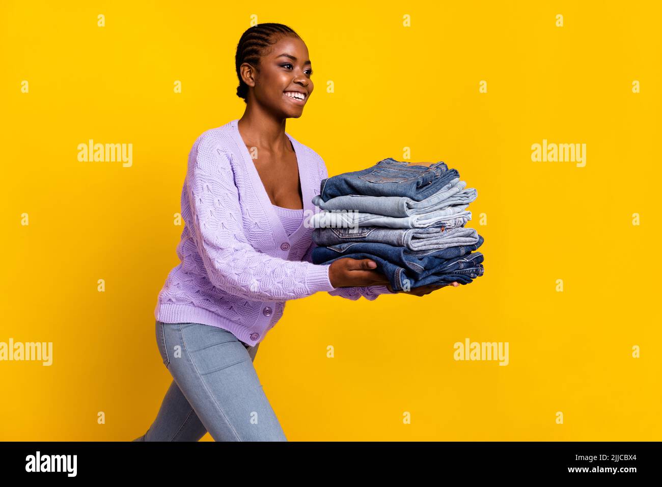 Profile photo of pretty satisfied girl look empty space carry clothes ...