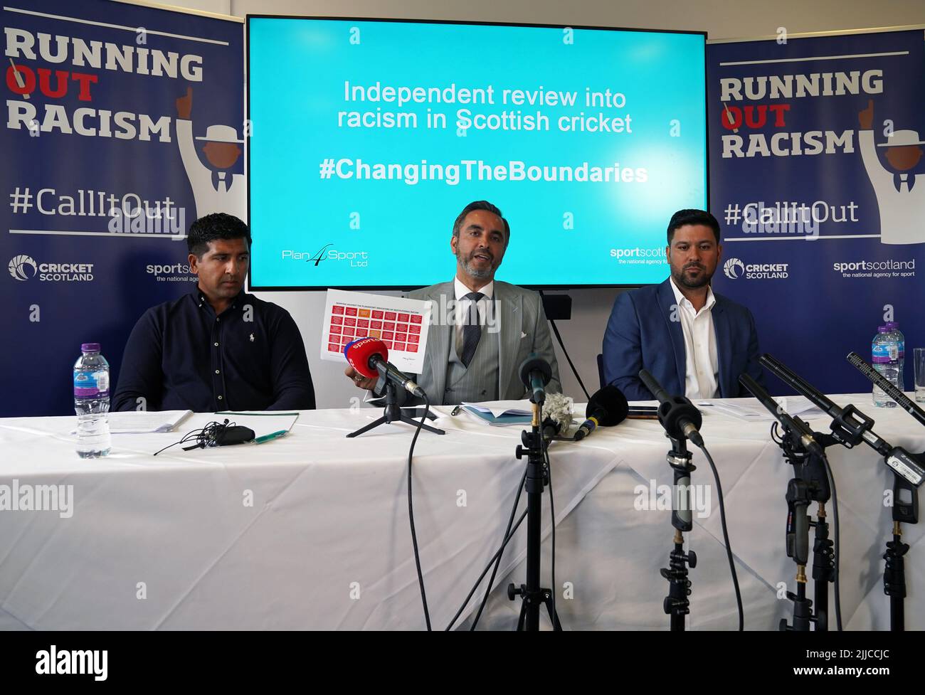 Majid Haq, Aamer Anwar and Qasim Sheikh (left-right) during a press ...