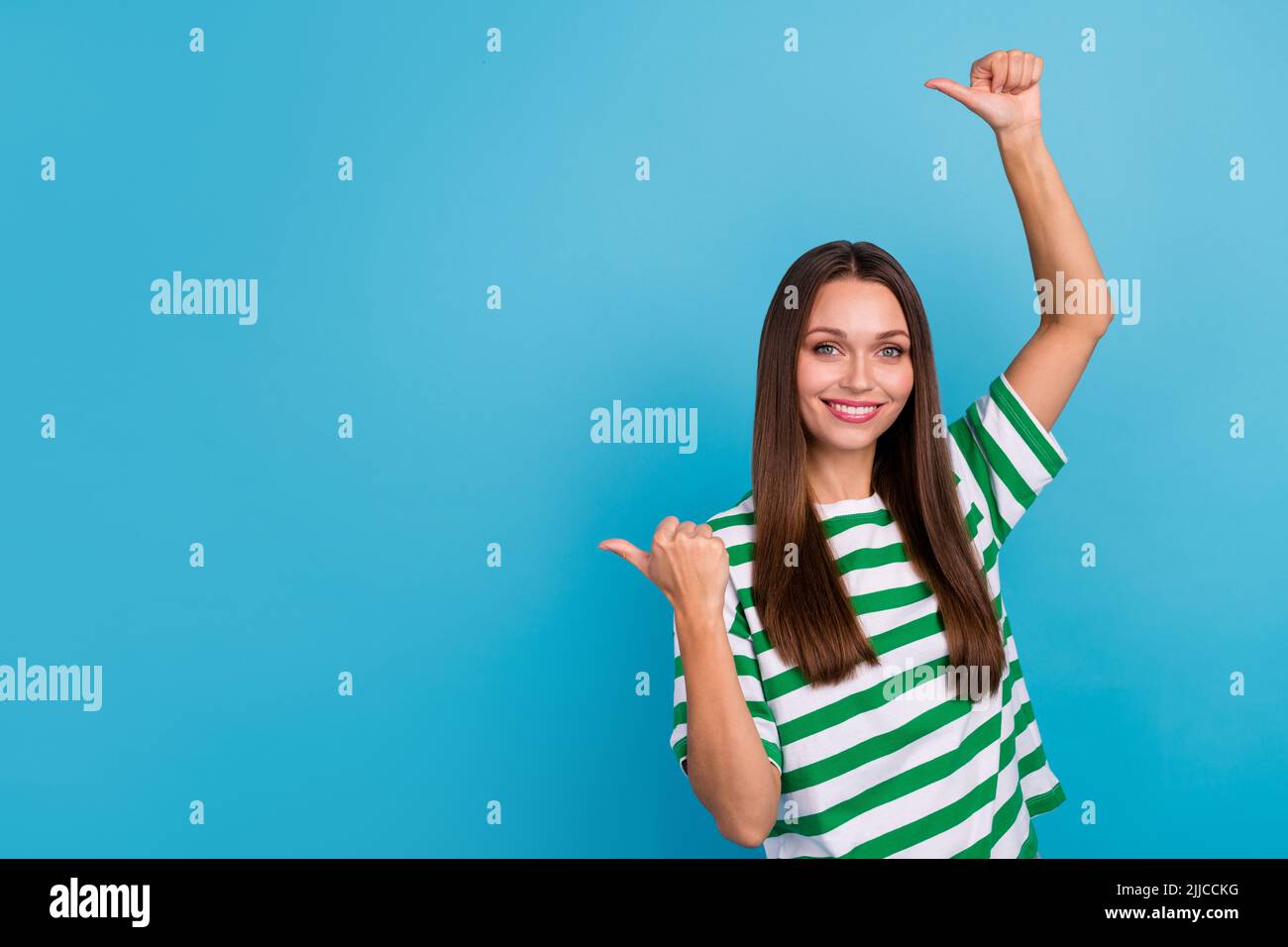 Photo of funny millennial lady index promo wear green t-shirt isolated ...