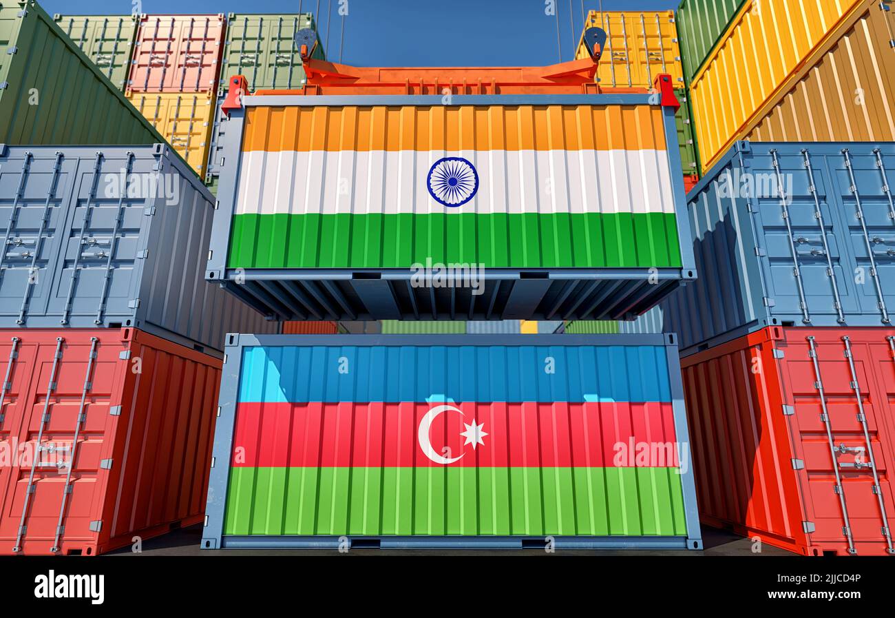 Cargo containers with India and Azerbaijan national flags. 3D Rendering ...