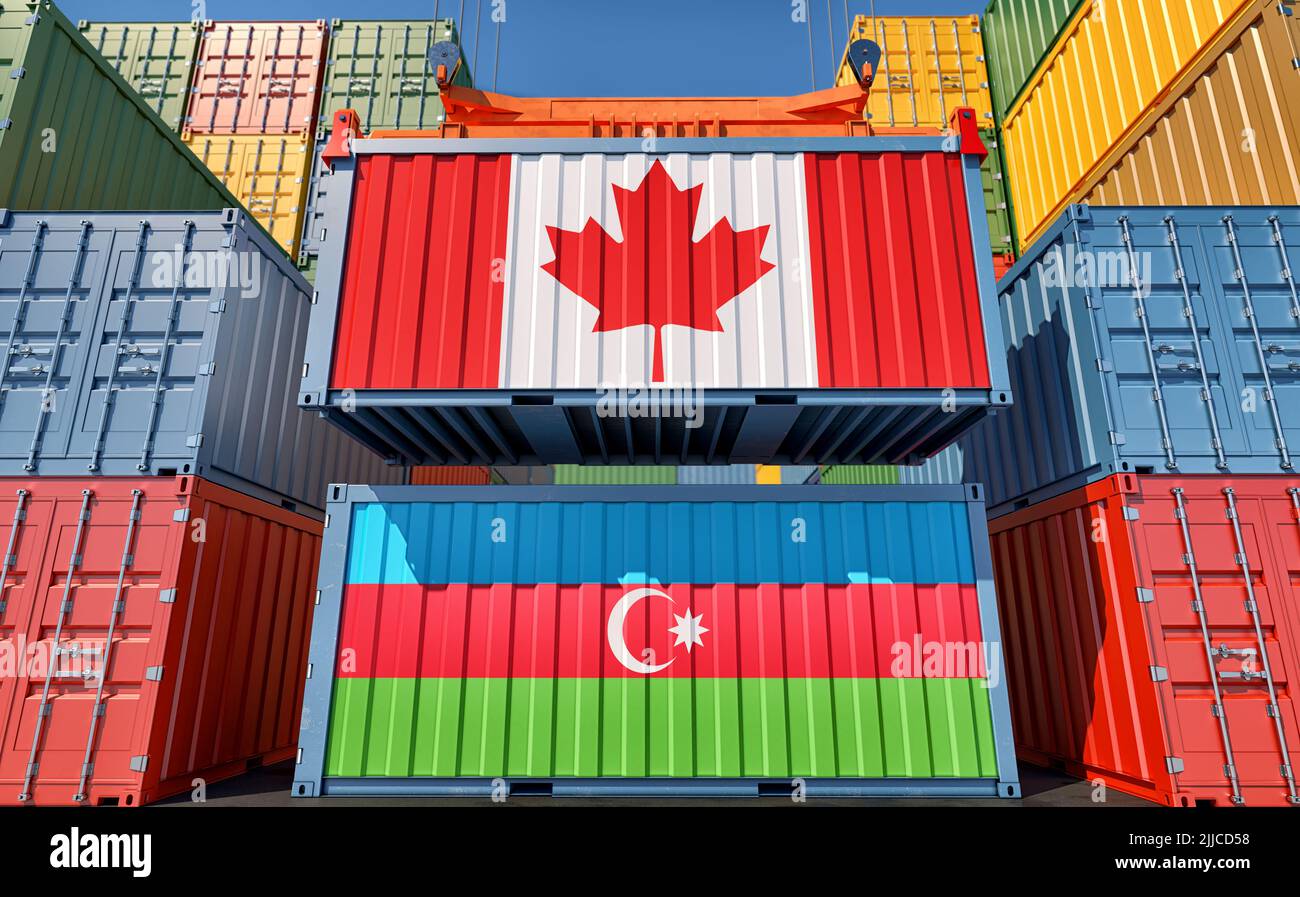 Cargo containers with Canada and Azerbaijan national flags. 3D ...