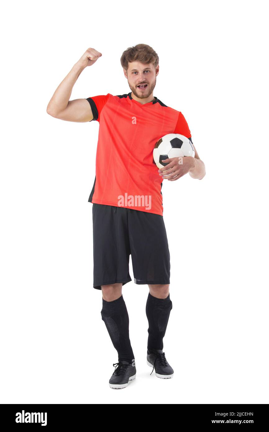 Full length portrait of a soccer player with ball isolated on white ...