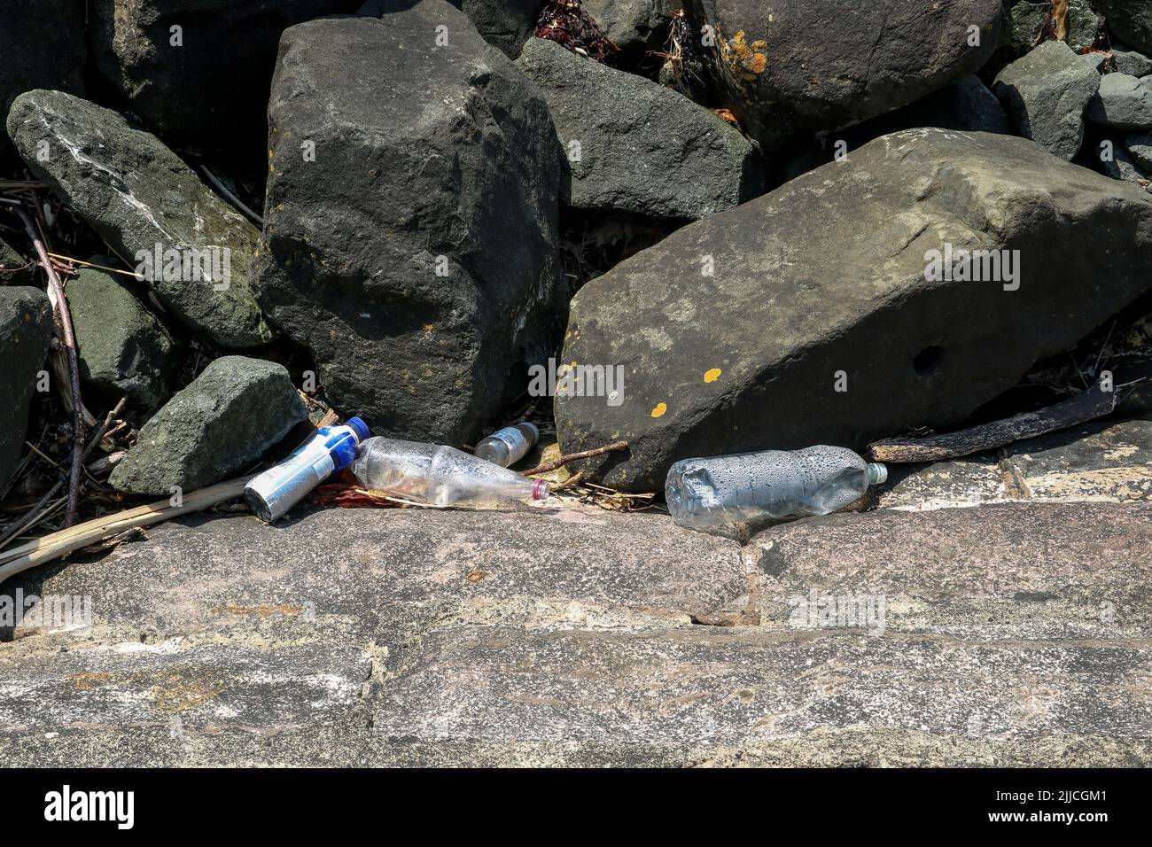 Discarded plastic bottle litter at a coastal location Stock Photo - Alamy