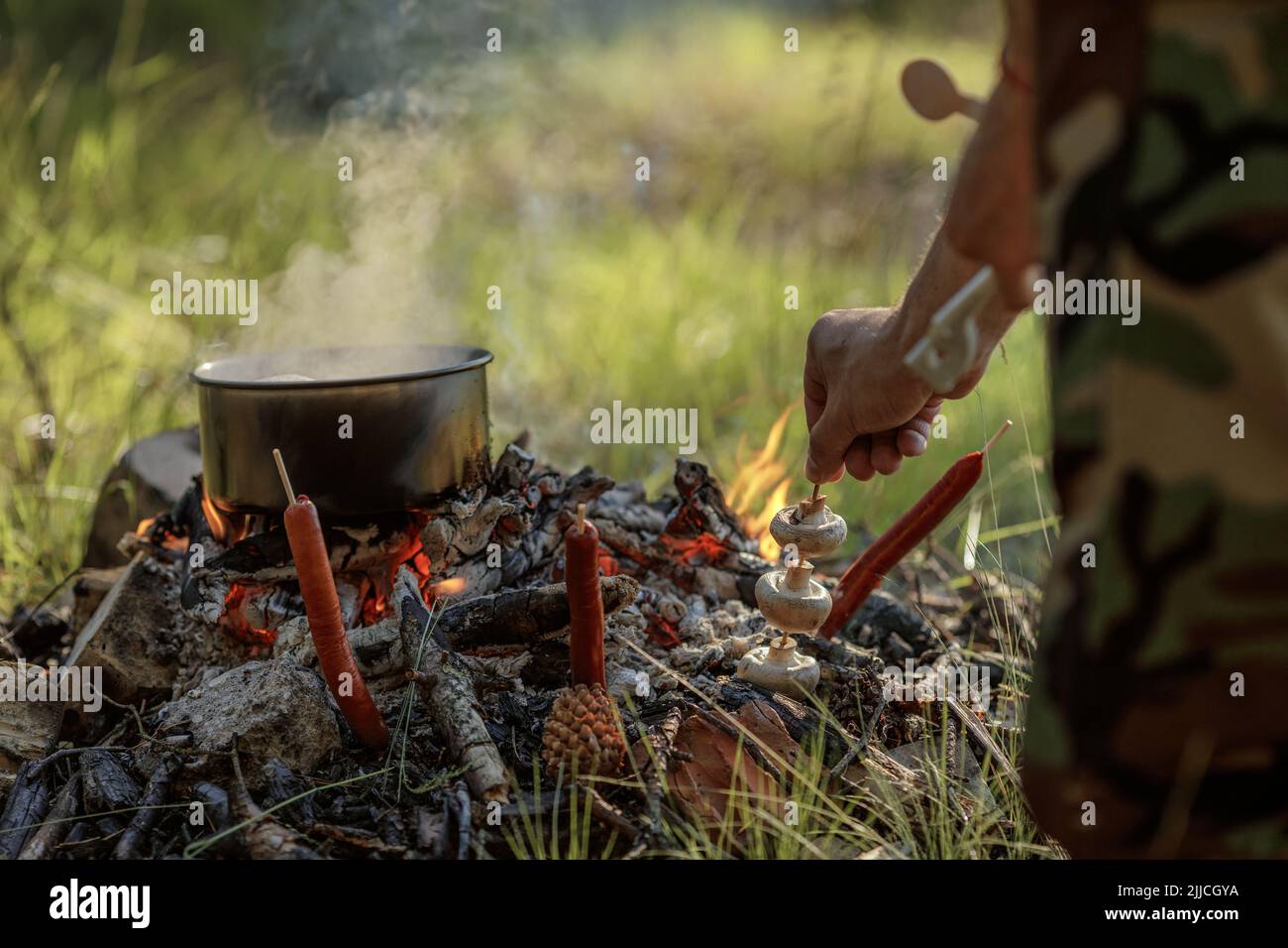 Cooking food in pot on campfire. The concept of adventure, travel ...