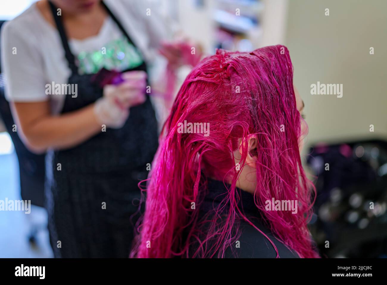 Hair Coloring process in salon. the girl applies pink paint to the ...