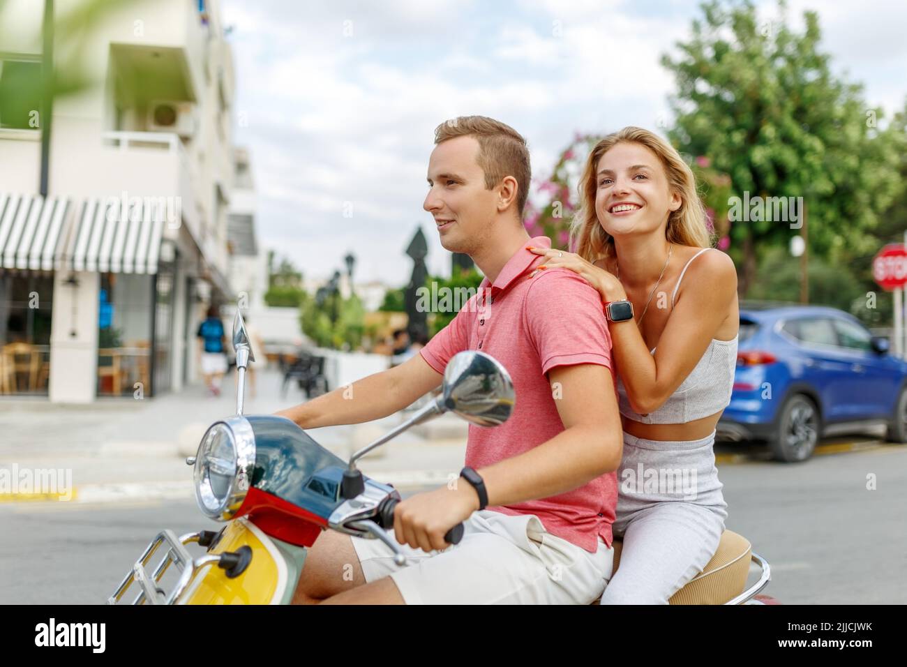 Man and woman riding motorcycle hi-res stock photography and images - Alamy