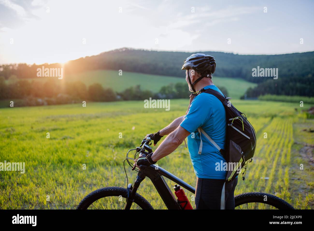 Active senior man riding bicycle at summer park, healthy lifestyle ...