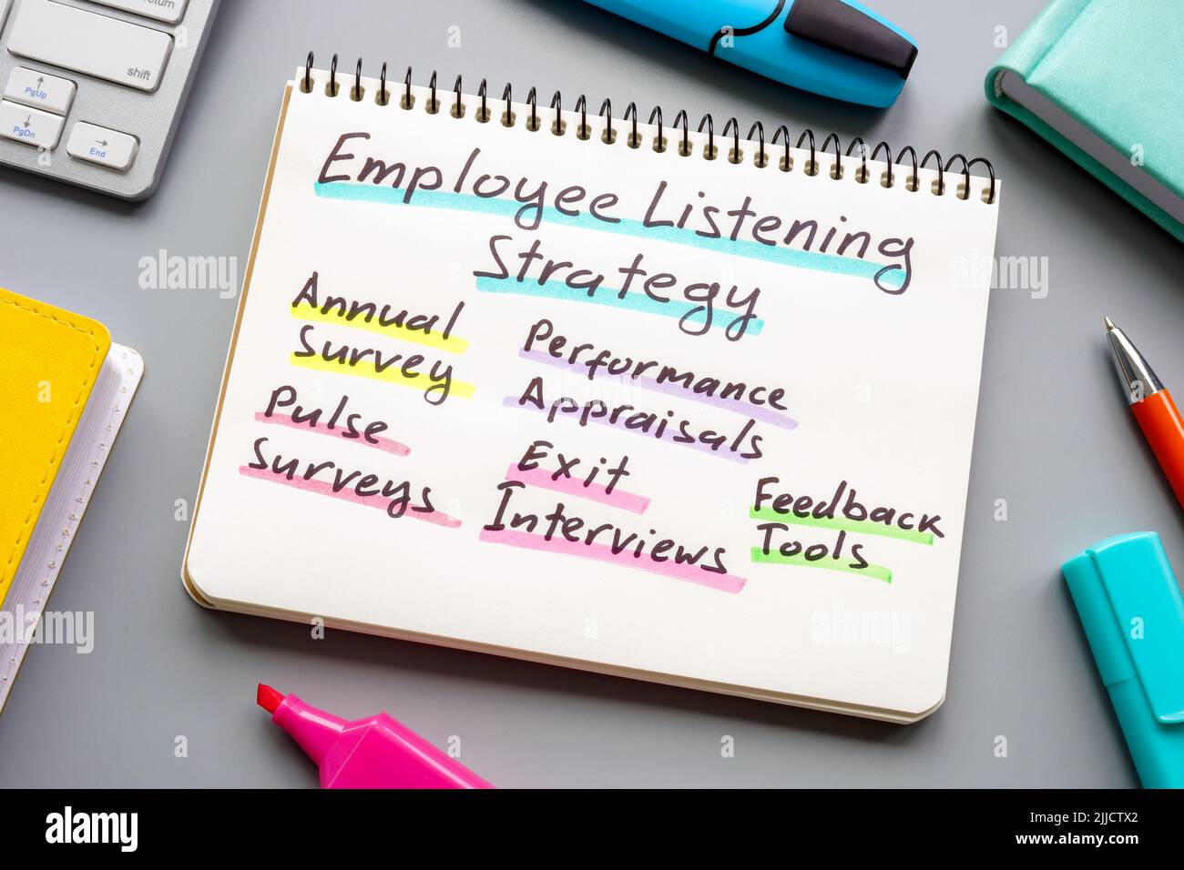 Marks about employee listening strategy in the notepad Stock Photo - Alamy