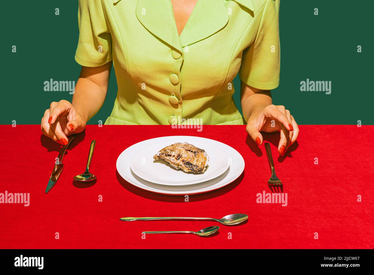 Cropped image of woman eating oyster on red tablecloth isolated over ...