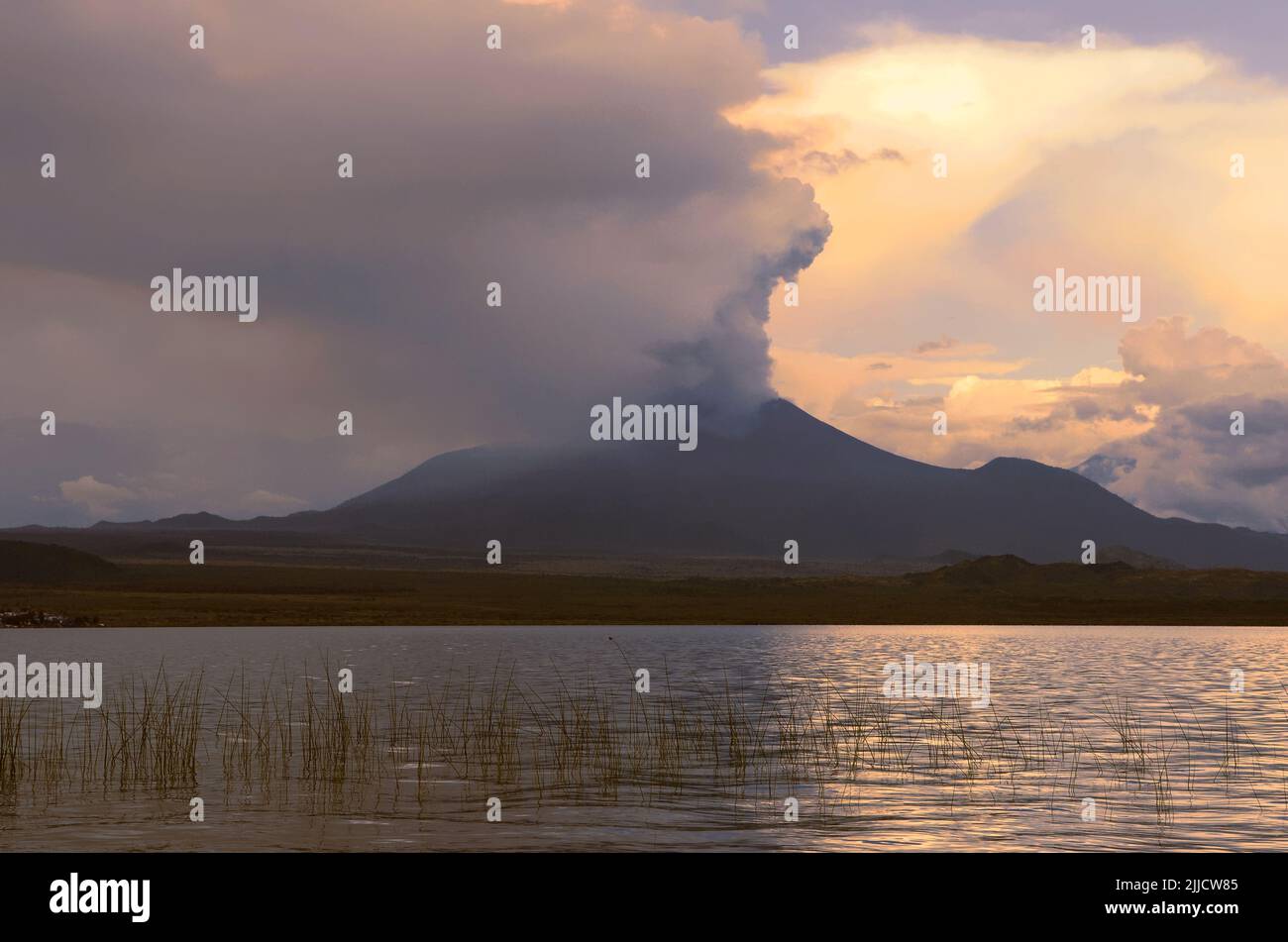 Distant view of the active Nyiragongo Volcano seen from Lake Kivu in DR ...