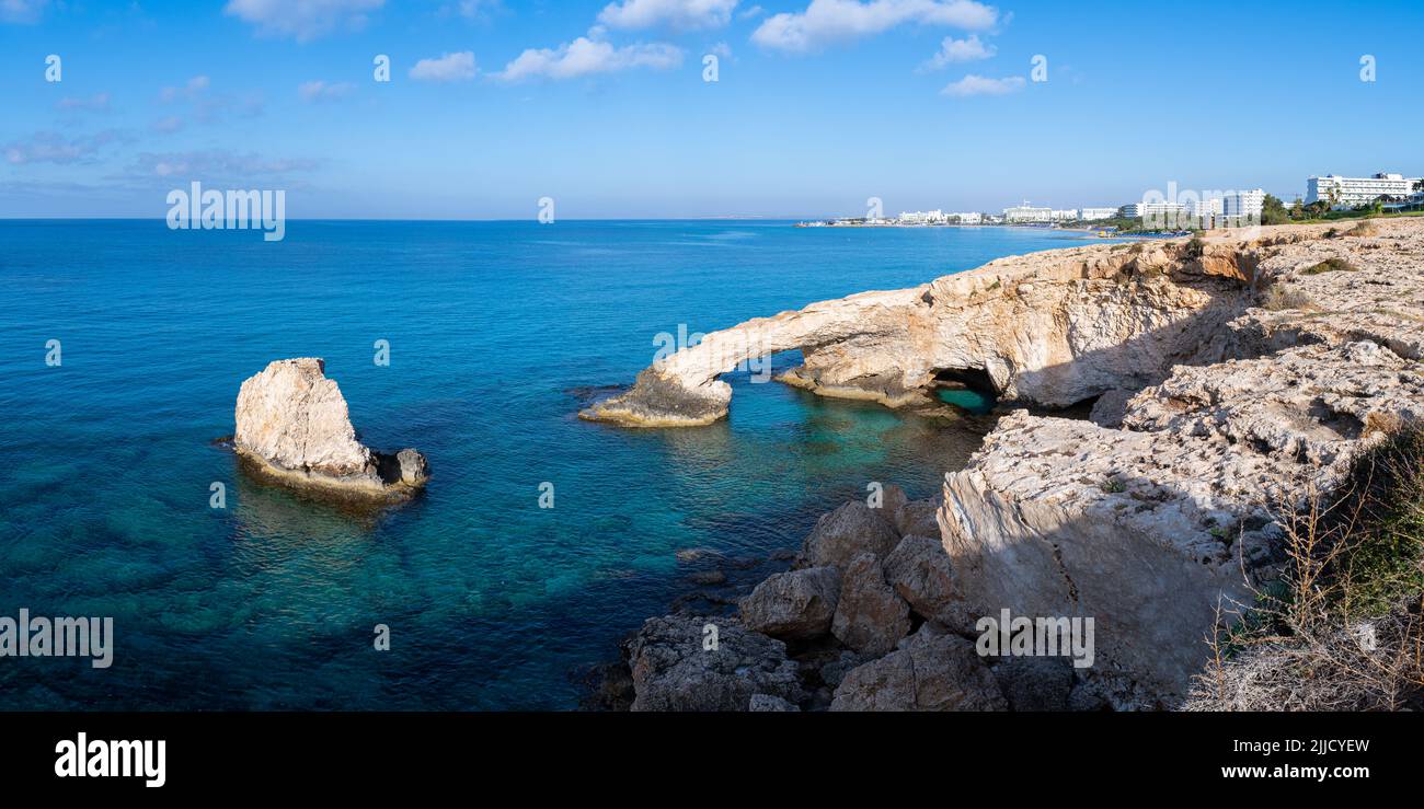 Lovers bridge at Ayia Napa, natural arched rock formation panorama ...