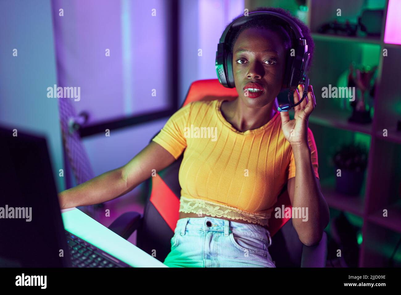 African american woman streamer using computer at gaming room Stock ...