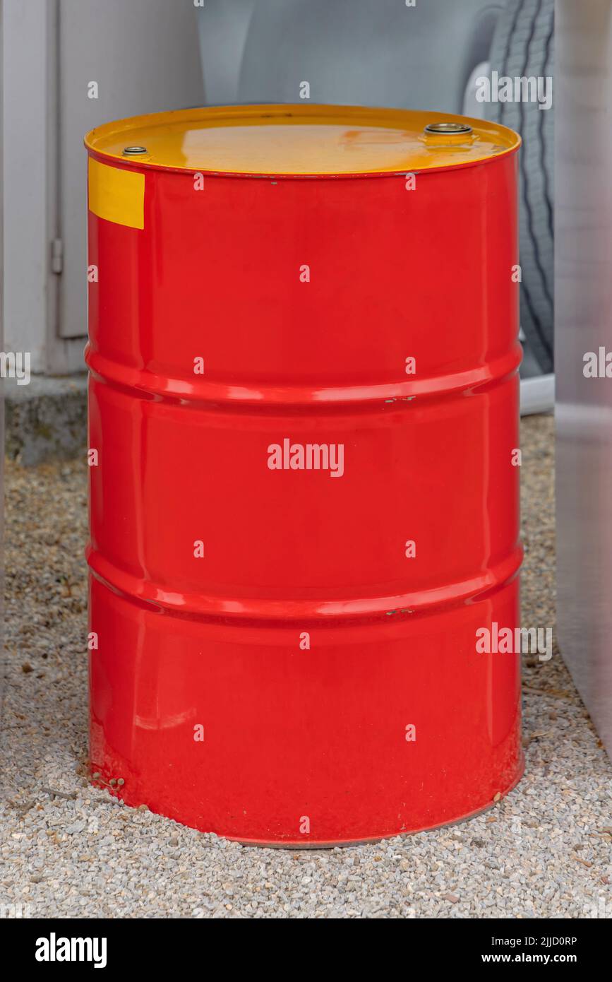 One Big Red Oil Drum Steel Metal Barrel Stock Photo - Alamy