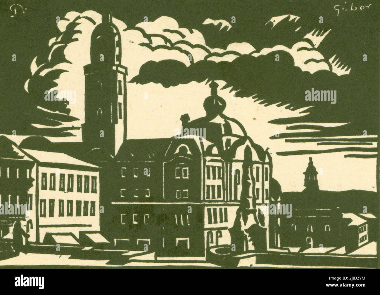 Széchenyi Square - linoleum section. Linocut from the 1930s, created by ...