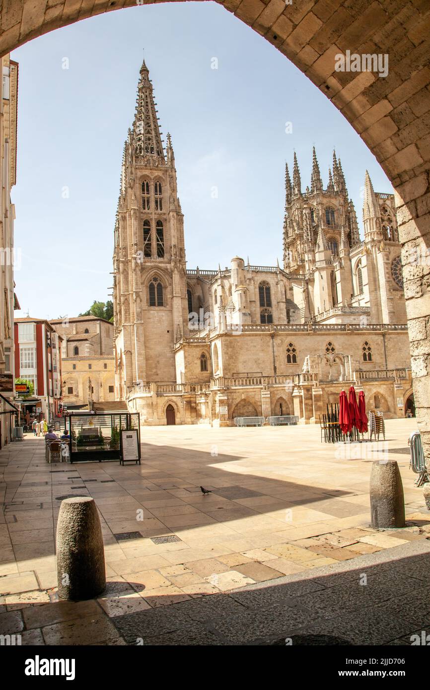 View of the Cathedral of Saint Mary of Burgos through the city gate of ...