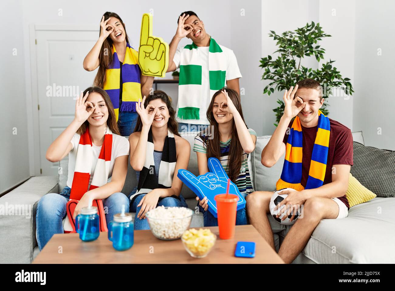 Group of people football hooligan cheering game smiling happy doing ok ...