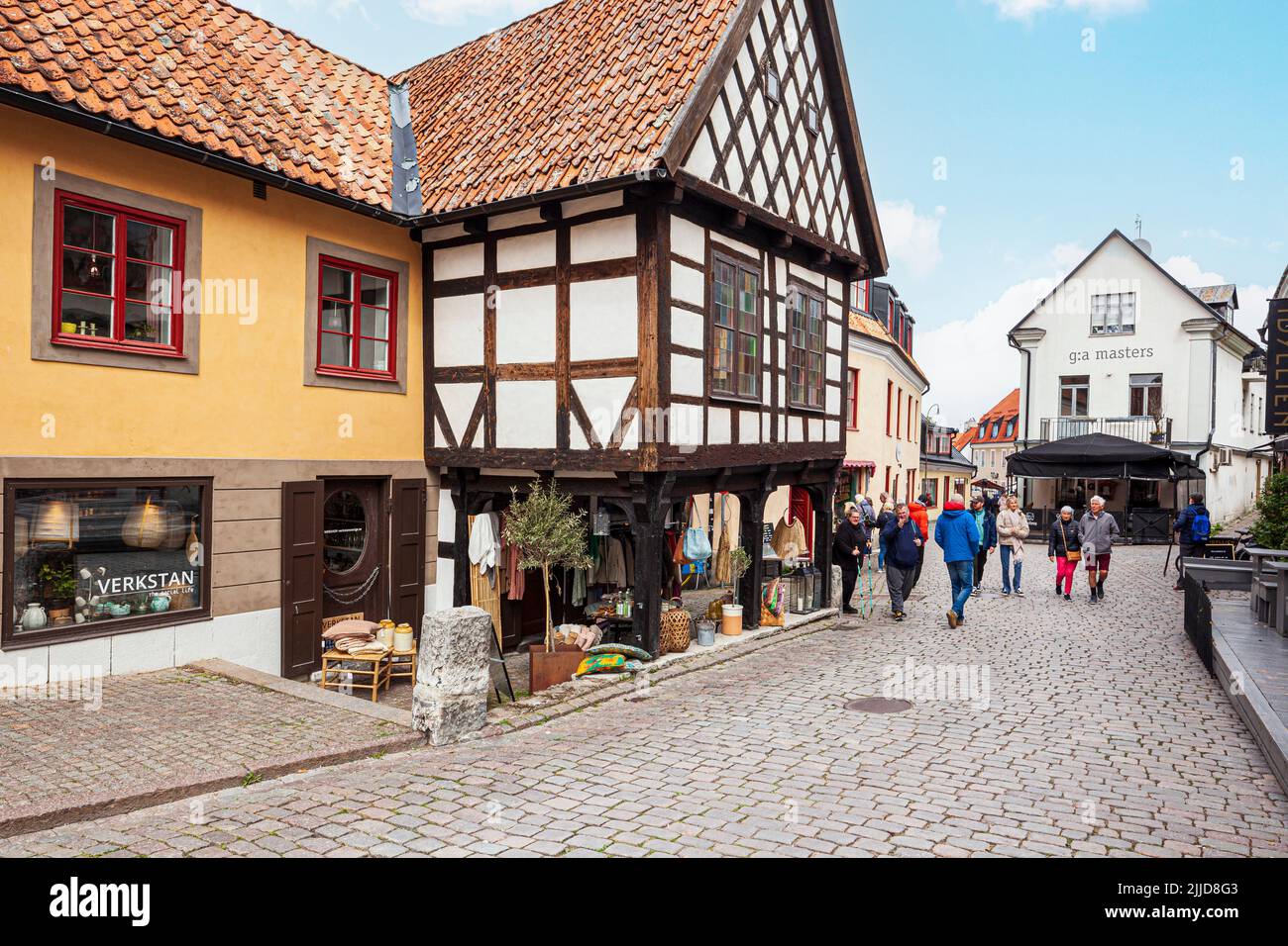 Old buildings in the medieval town of Visby on the island of Gotland in ...