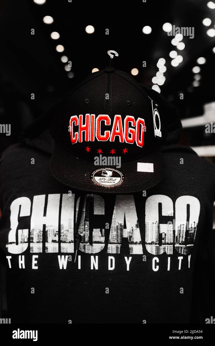 A vertical shot of Chicago merchandise in a shop in Chicago, Illinois ...
