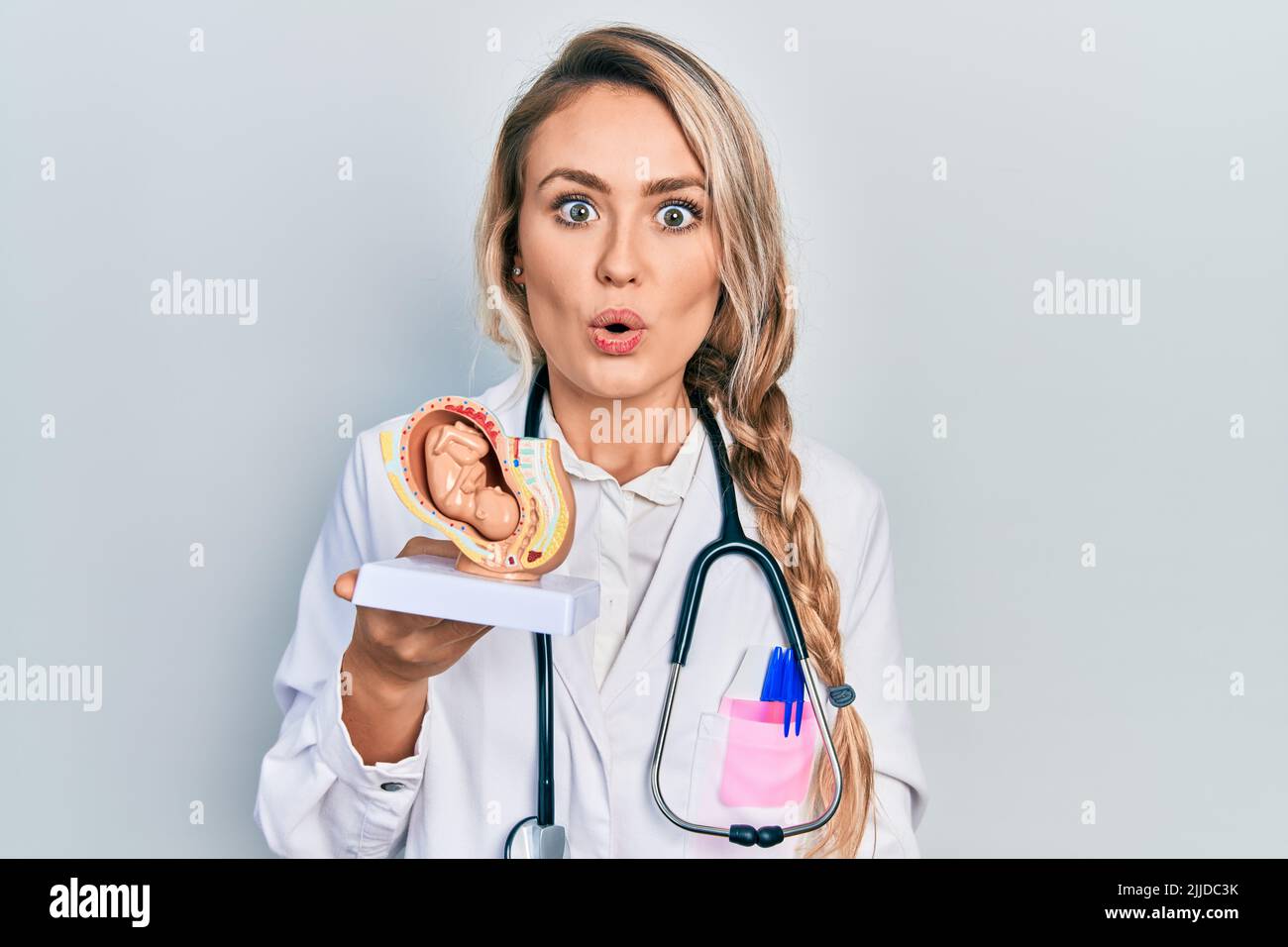 Beautiful young blonde doctor woman holding anatomical model of female ...