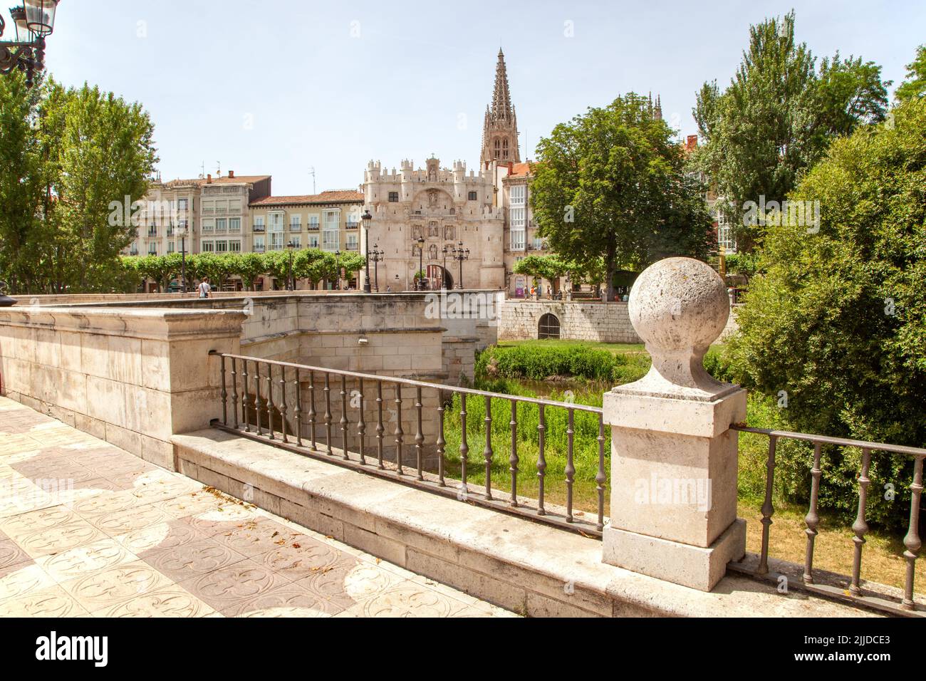 View over the bridge of Santa María outside the city gate of Santa ...
