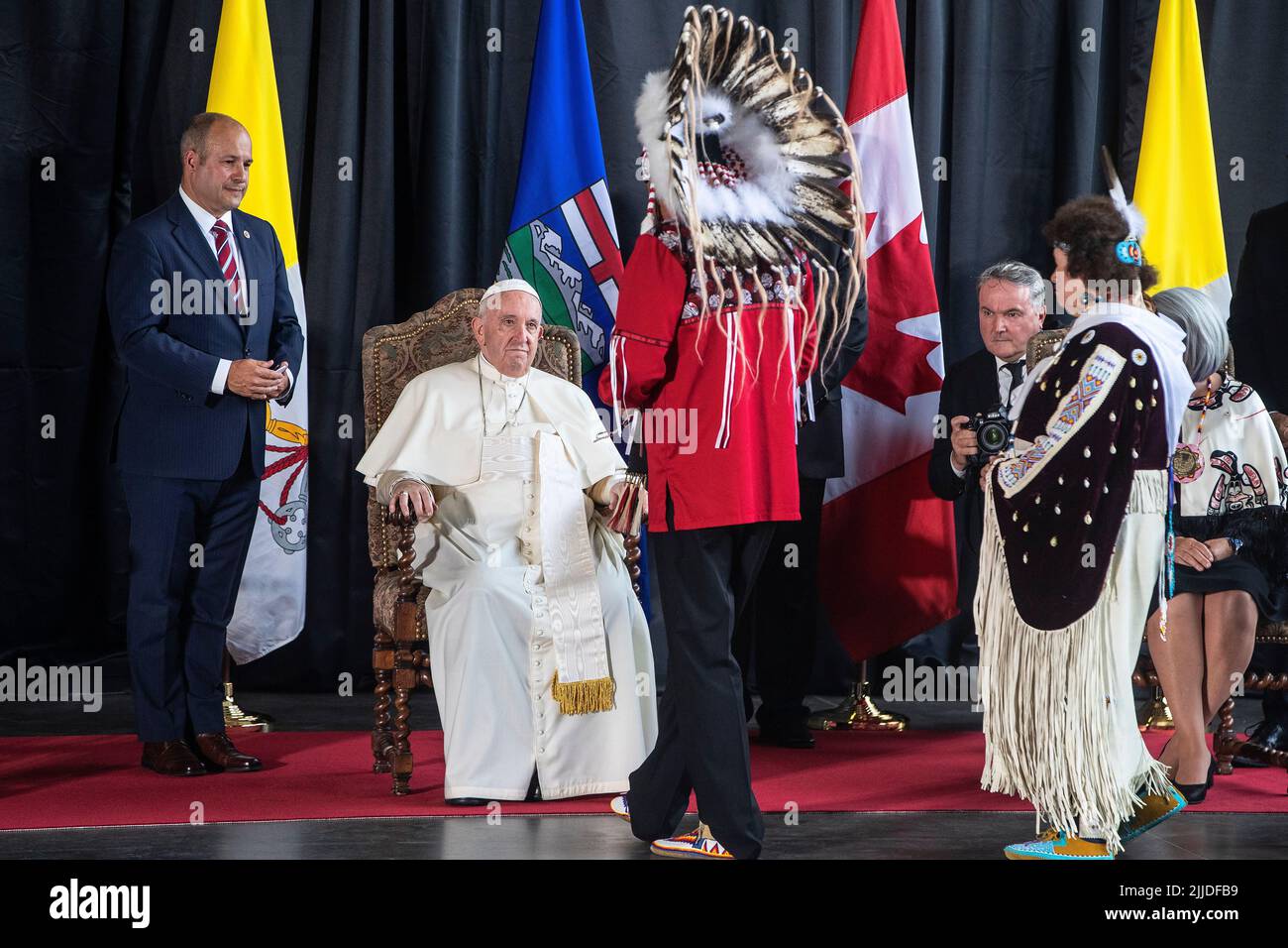 Edmonton, Canada, July 24, 2022. Pope Francis meets George Arcand (left ...