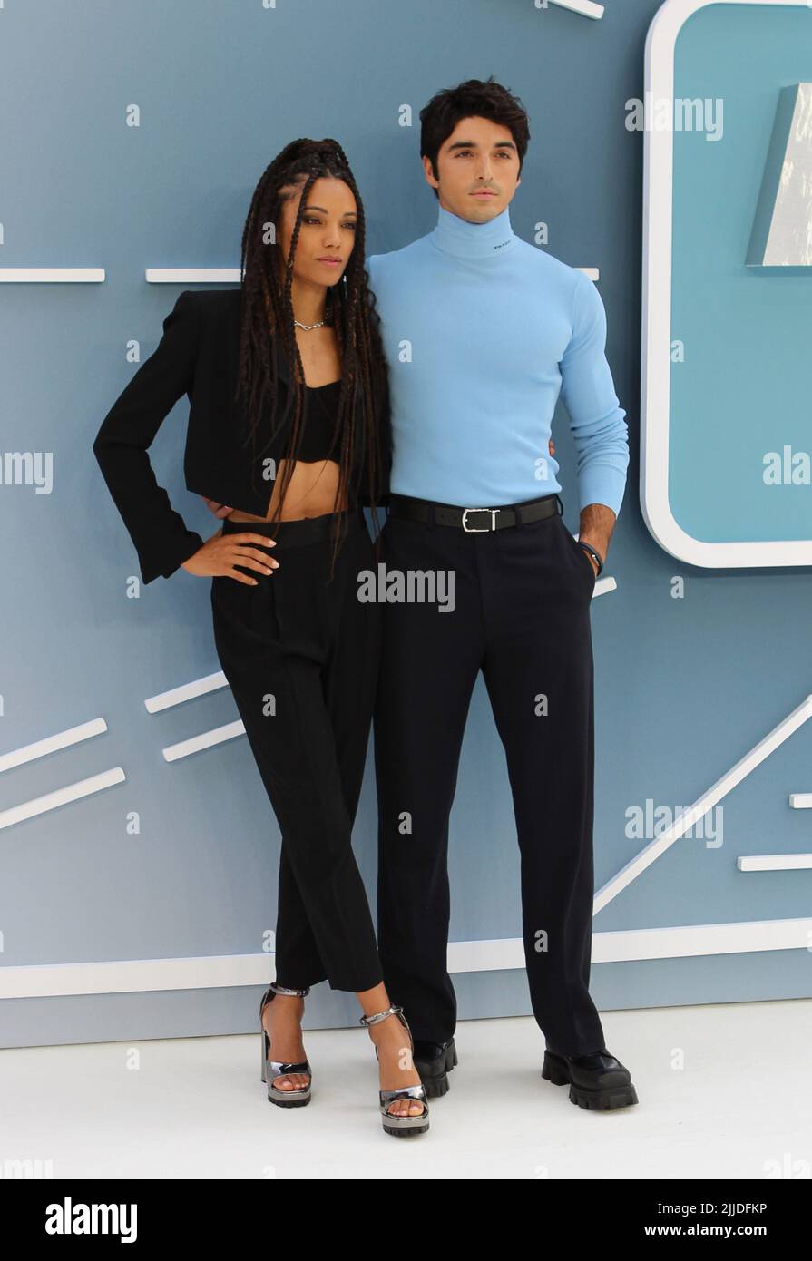 London, UK. Maisie Richardson-Sellers and Taylor Zachary Perez at the Bullet Train Premiere ...