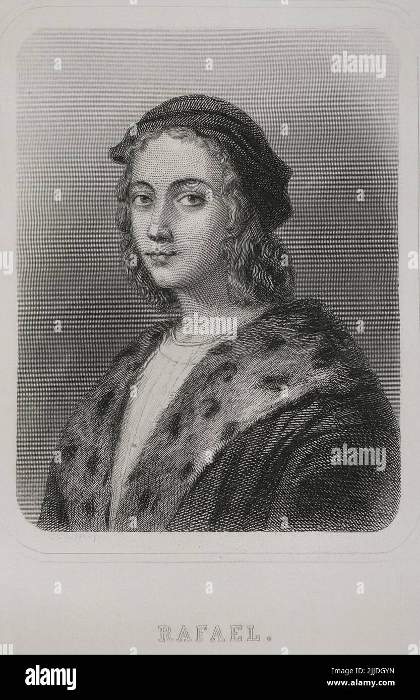 Raphael (1483-1520). Italian Renaissance artist. Portrait. Engraving by ...