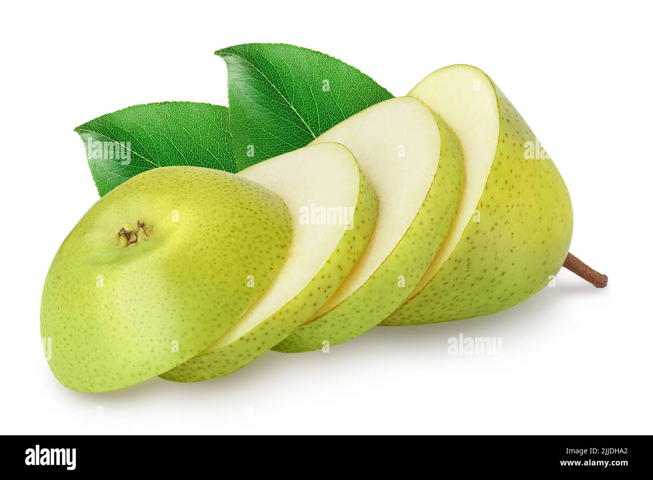 Green pear fruit slices isolated on white background with full depth of ...