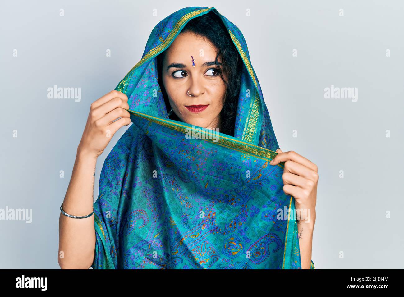 Young woman wearing bindi wearing traditional indian saree smiling in ...