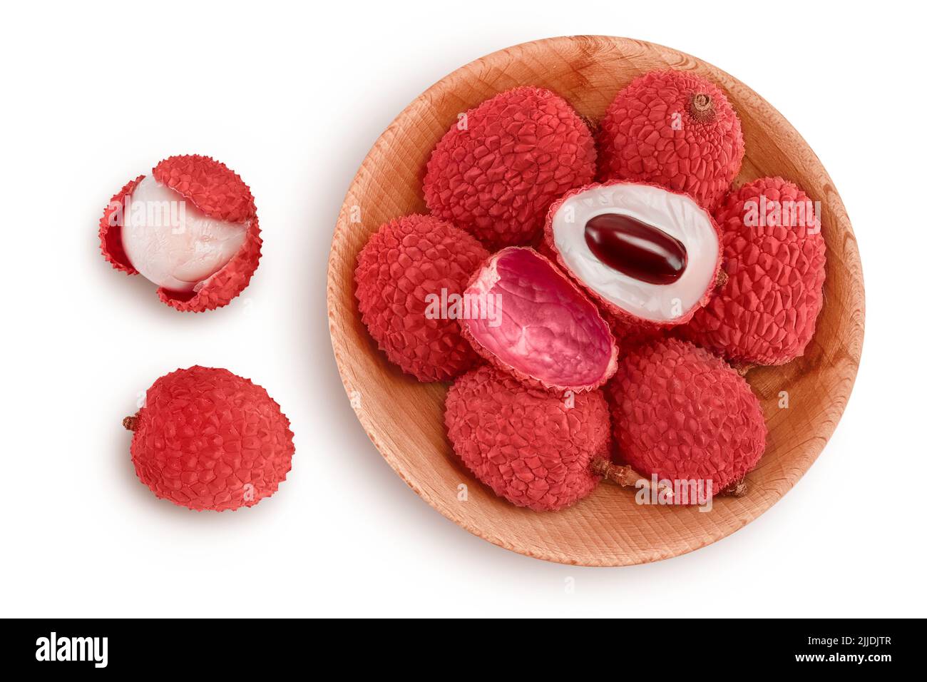 lychee fruit in wooden bowl isolated on white background. Top view ...