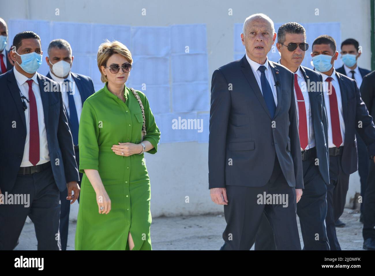 Tunisian President Kais Saied (R) and his wife Ichraf Chebil Saïed ...