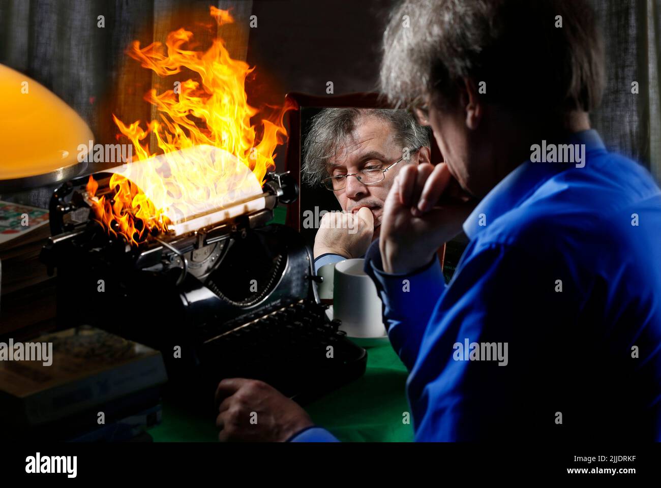 The author writes a book on fire on a printing press. Concept idea for ...
